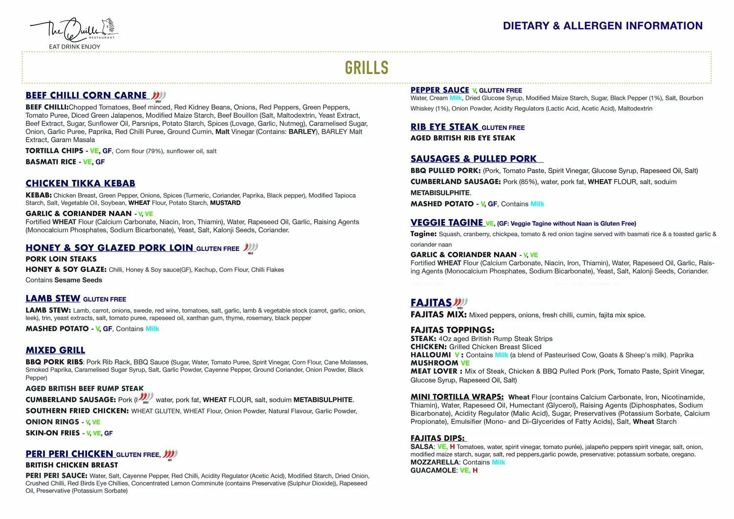 DIETARY INFORMATION — The Quills