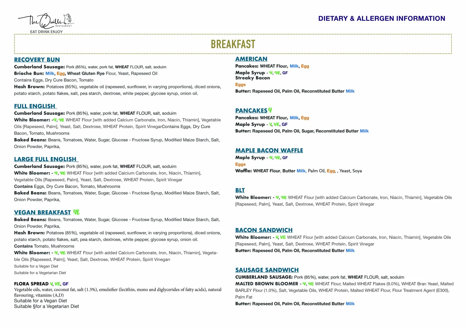 DIETARY INFORMATION — The Quills