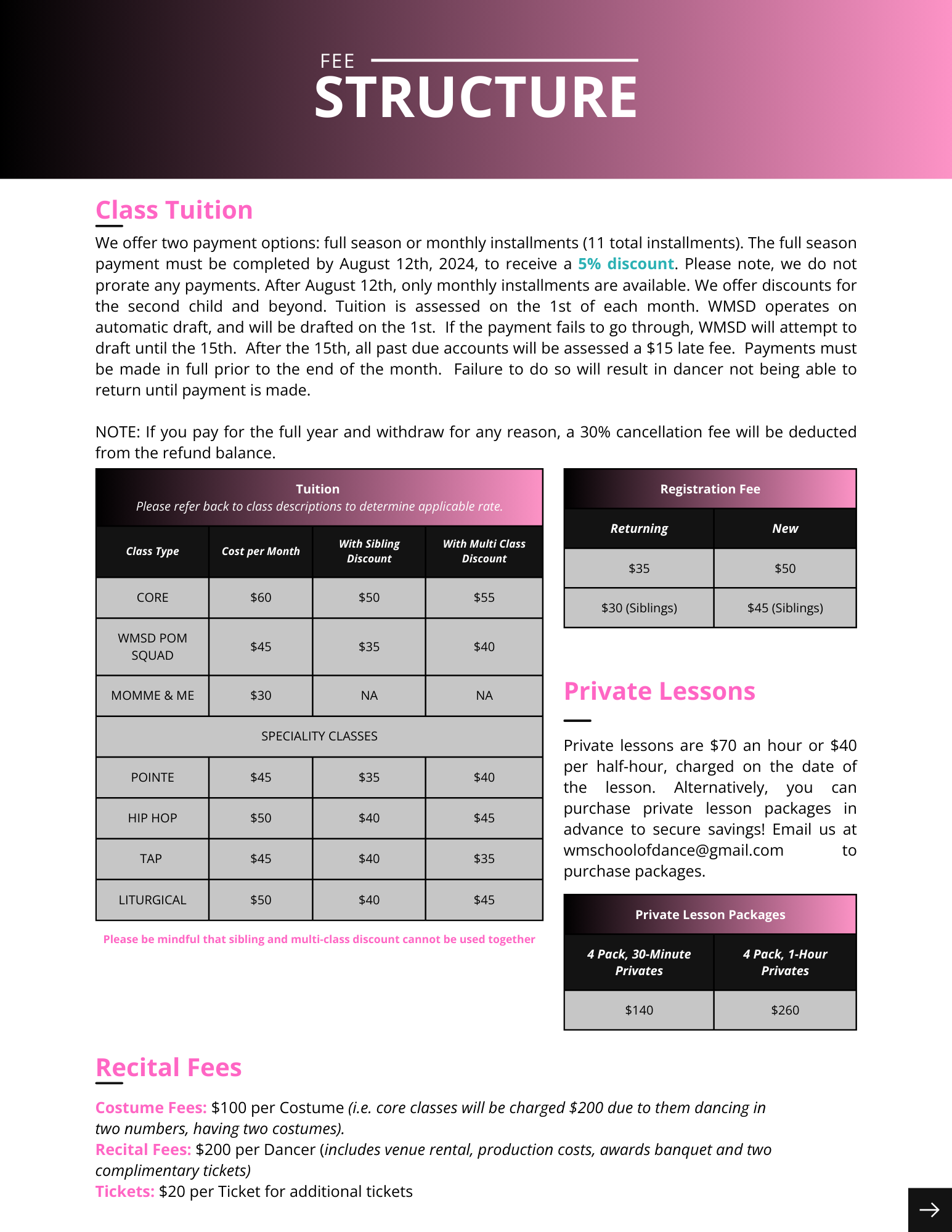 TUITION AND FEES — Wonderfully Made School of Dance