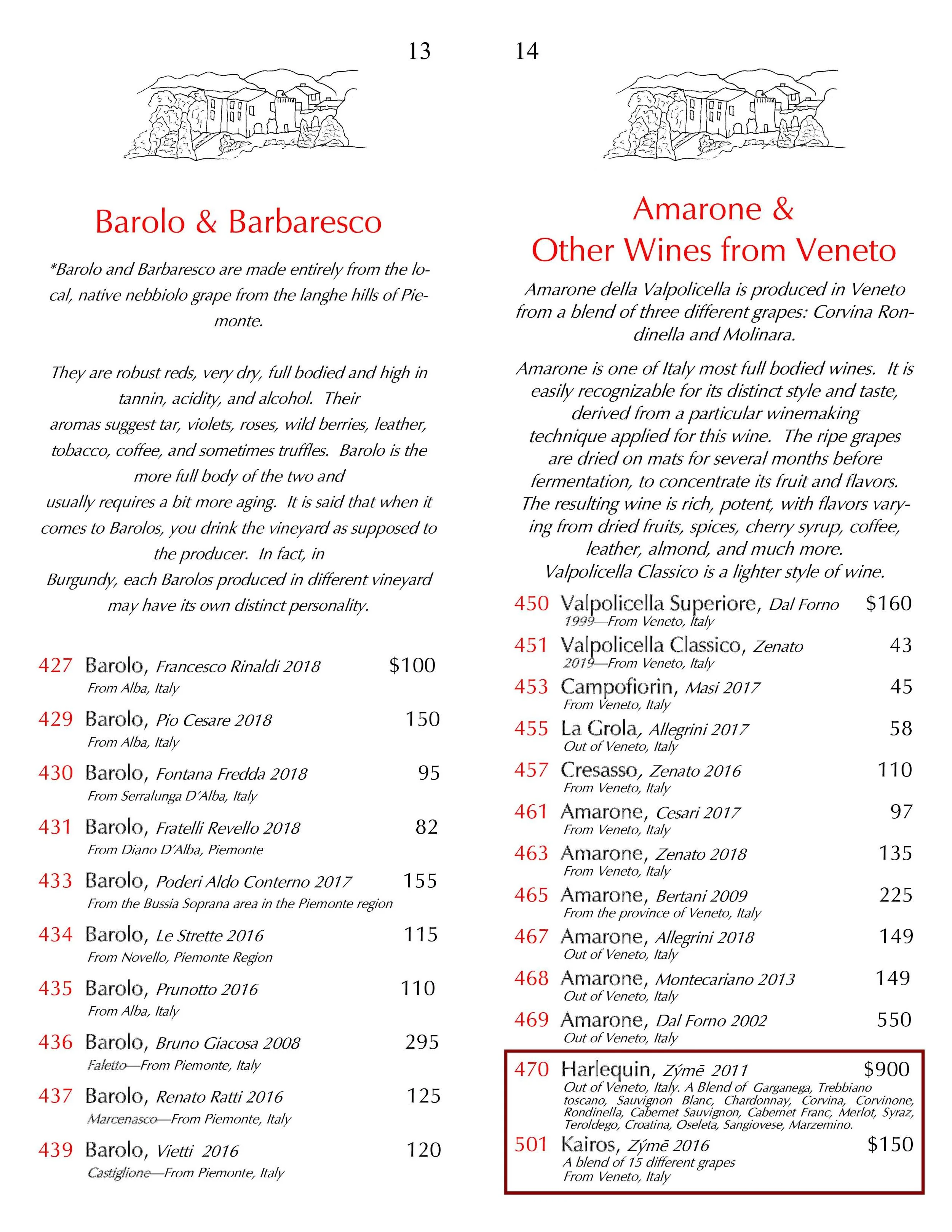 WINE LIST — King Umberto