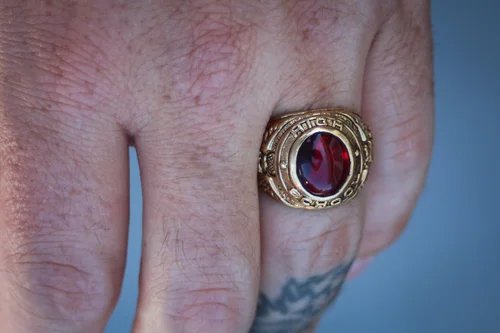 Deadstock 1960s Gold Plated Glass Ruby High School Ring — Kilroyvtg
