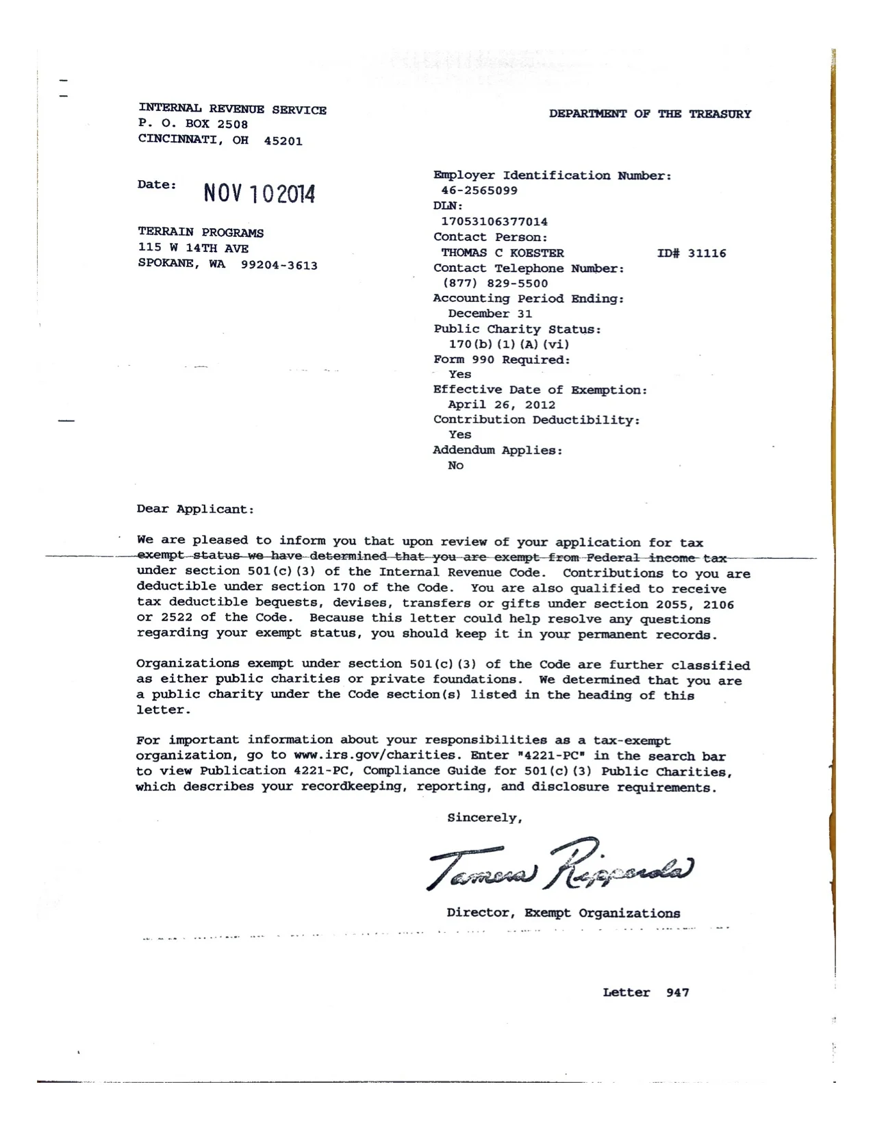 Terrain IRS Determination Letter Terrain Terrain IRS Determination Letter Terrain