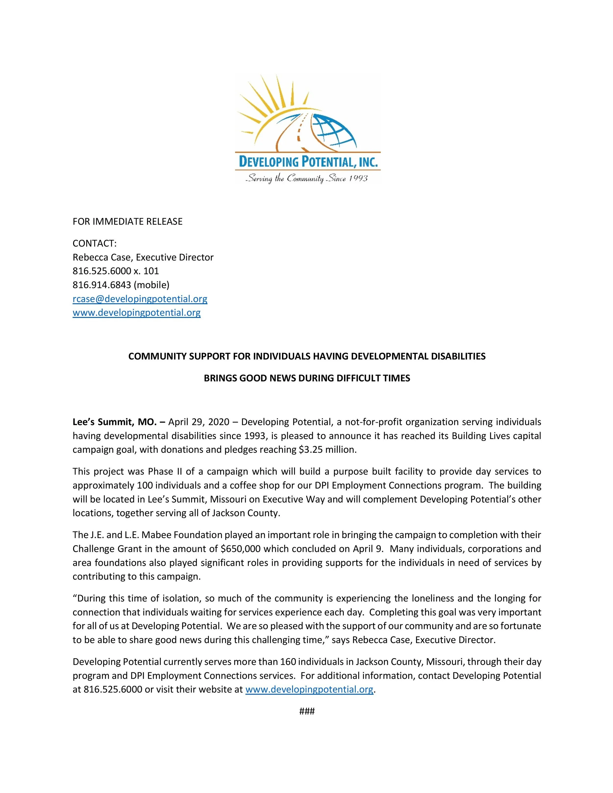 Building Lives Capital Campaign Goal Reached — Developing Potential