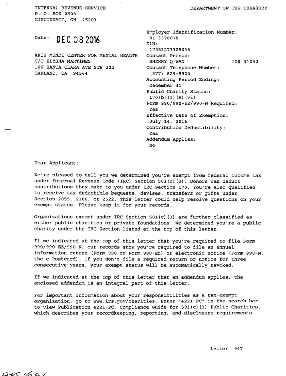 IRS Letter of Approval — Axis Mundi Center for Mental Health