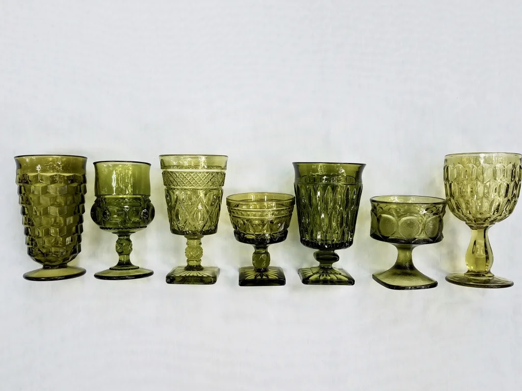 Glassware Rentals-Olive Green Glass Goblets
