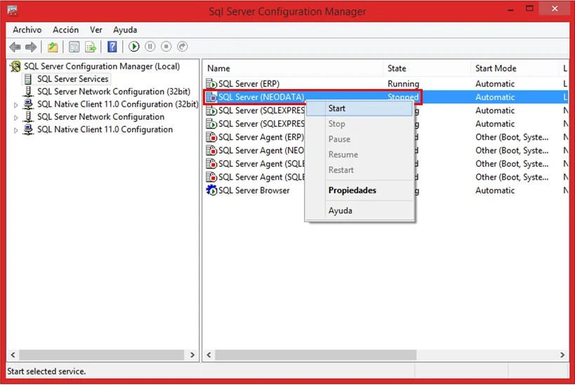 Solución: Error 26, 40 SQL Server 2008 R2 — Neodata