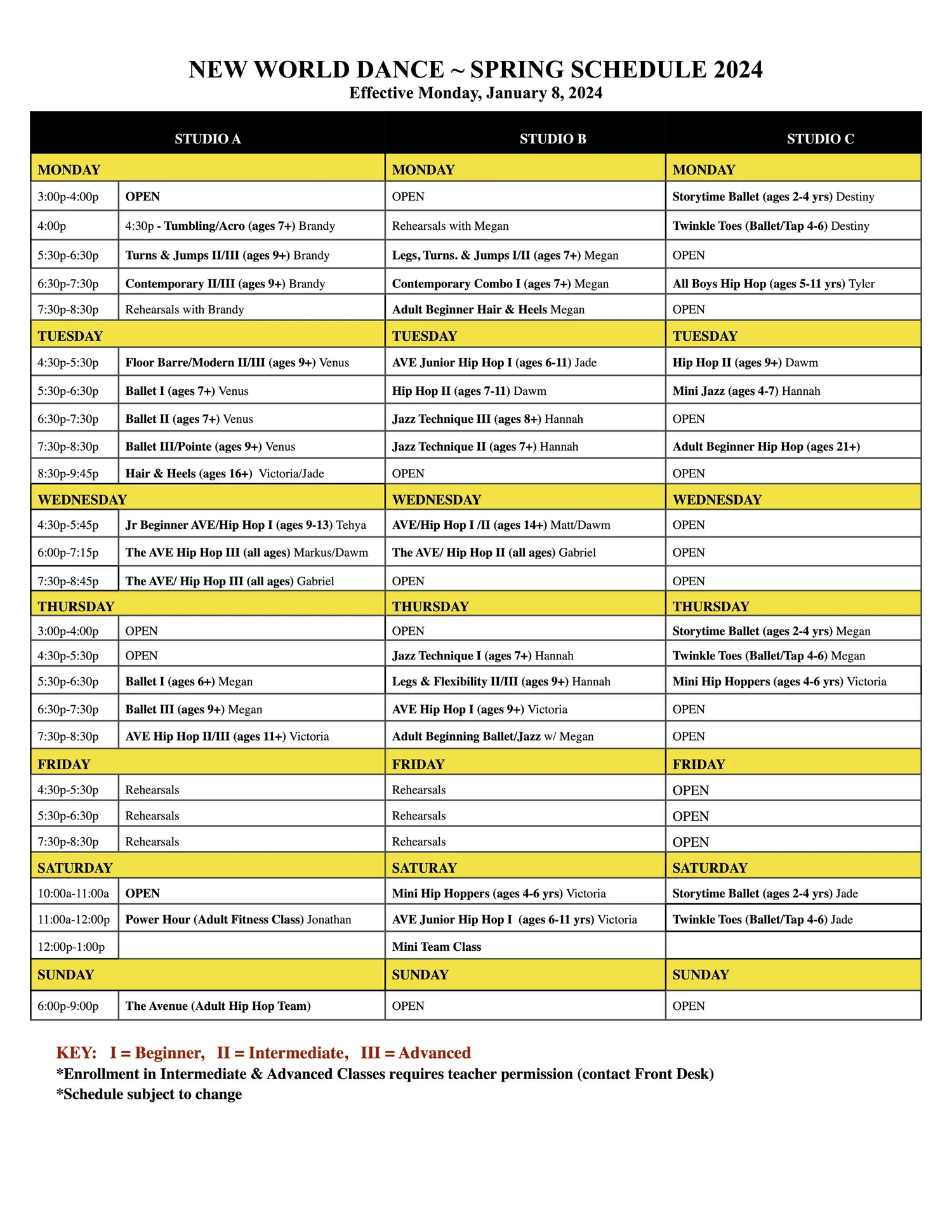 Schedule & Tuition — NEW WORLD DANCE ACADEMY