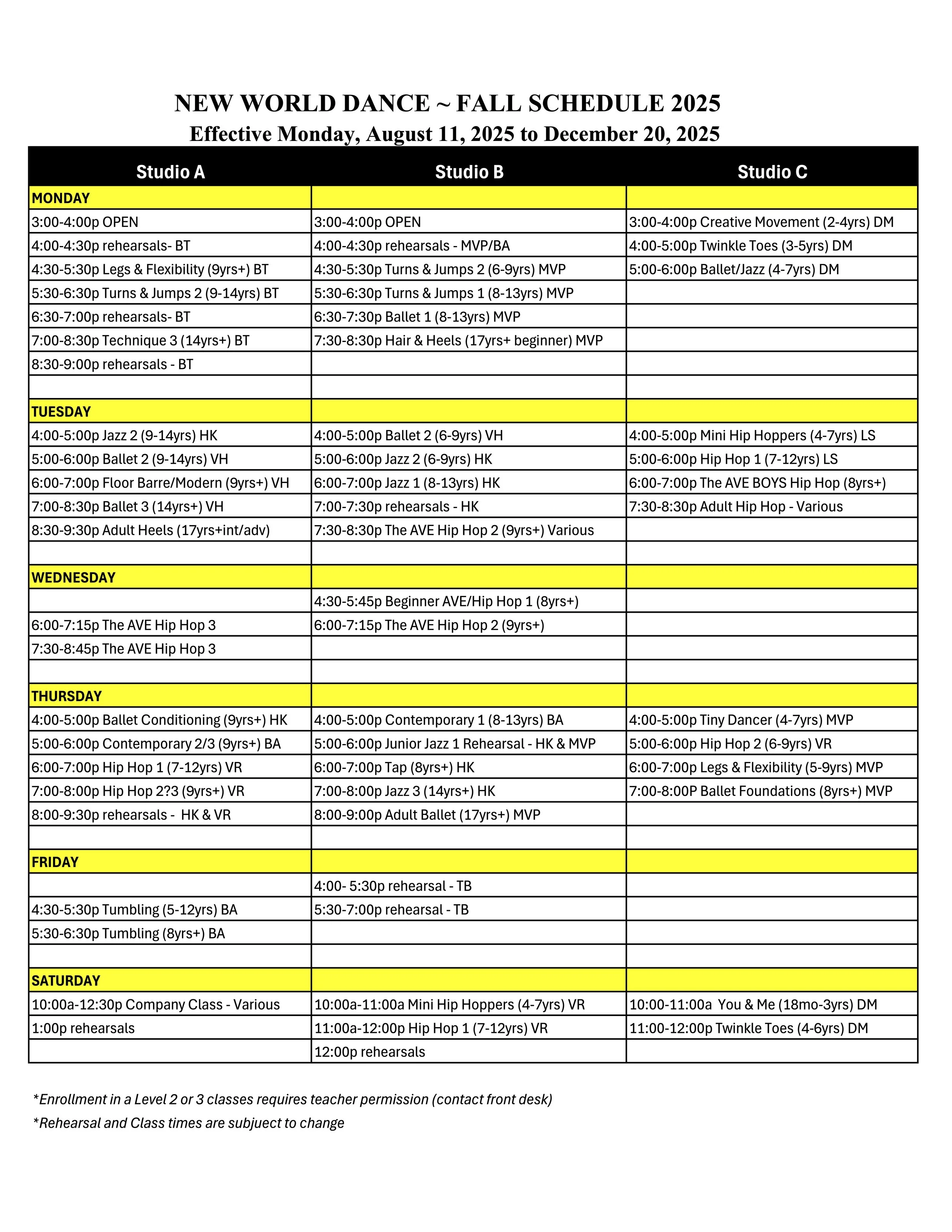 Schedule & Tuition — NEW WORLD DANCE ACADEMY