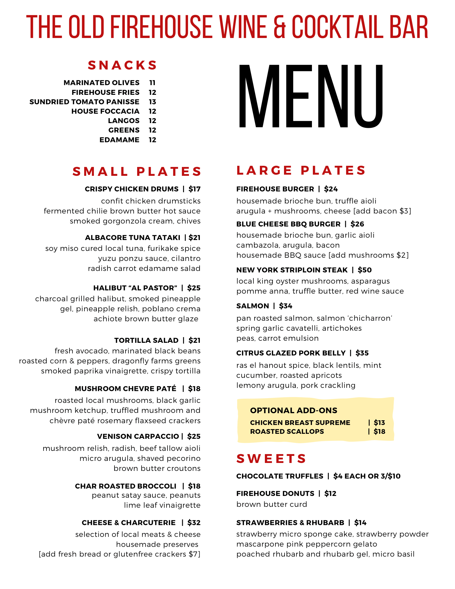 Current Dinner Menu — The Old Firehouse Wine & Cocktail Bar