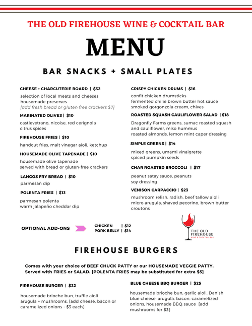 Current Dinner Menu — The Old Firehouse Wine & Cocktail Bar