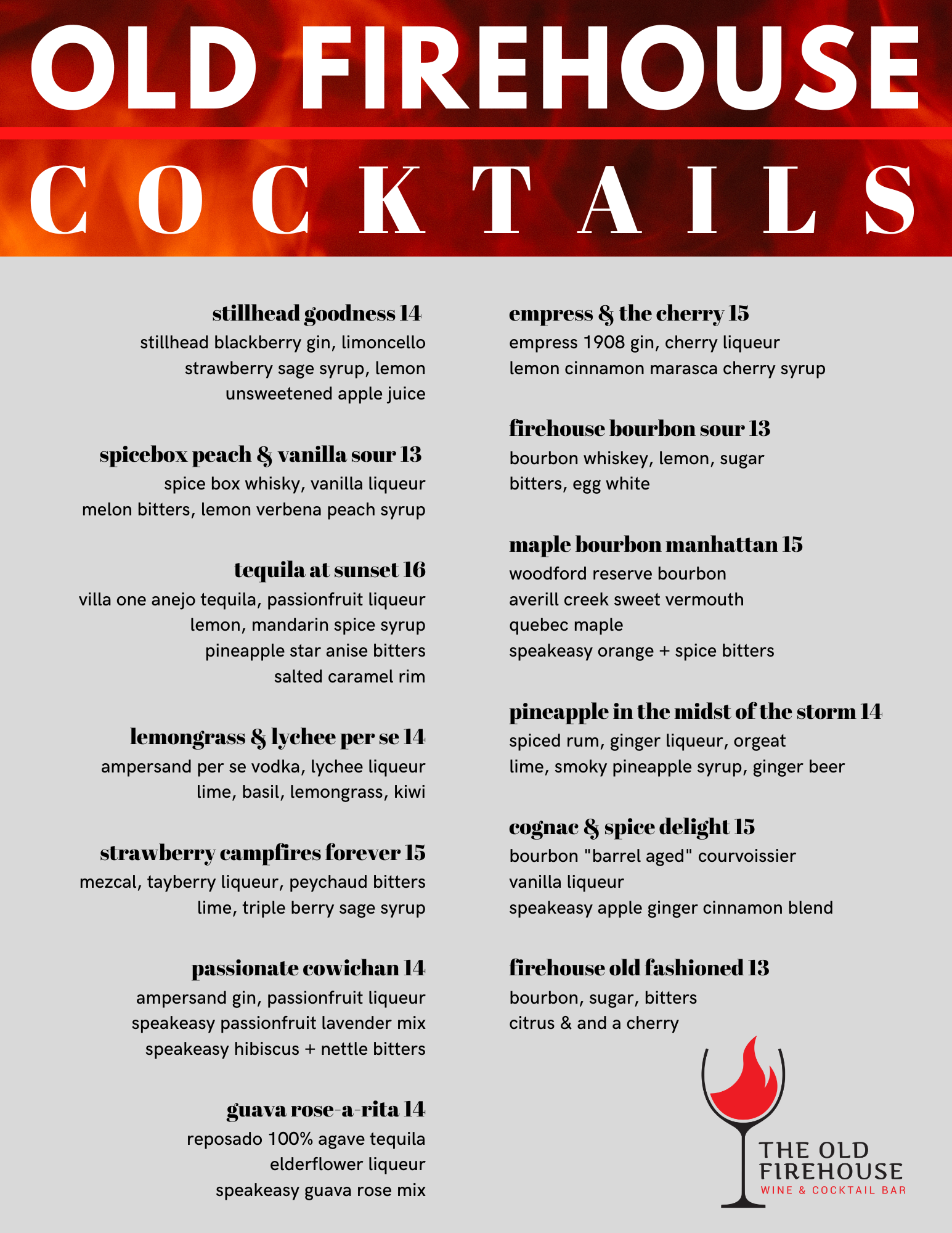 Drinks Menu — The Old Firehouse Wine & Cocktail Bar