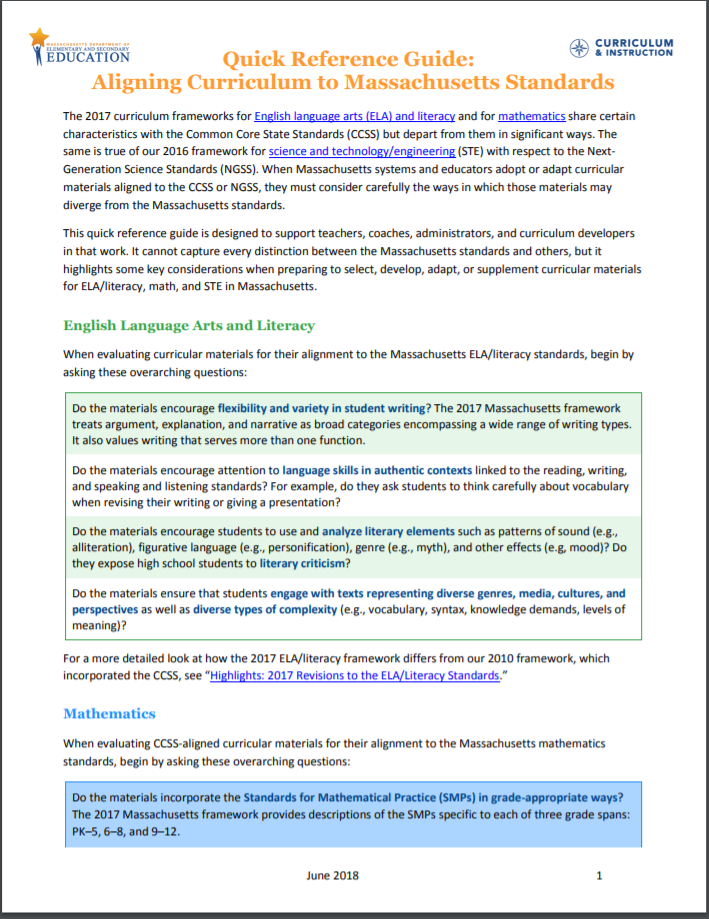 Aligning Curriculum to Massachusetts Standards — Massachusetts Tools ...