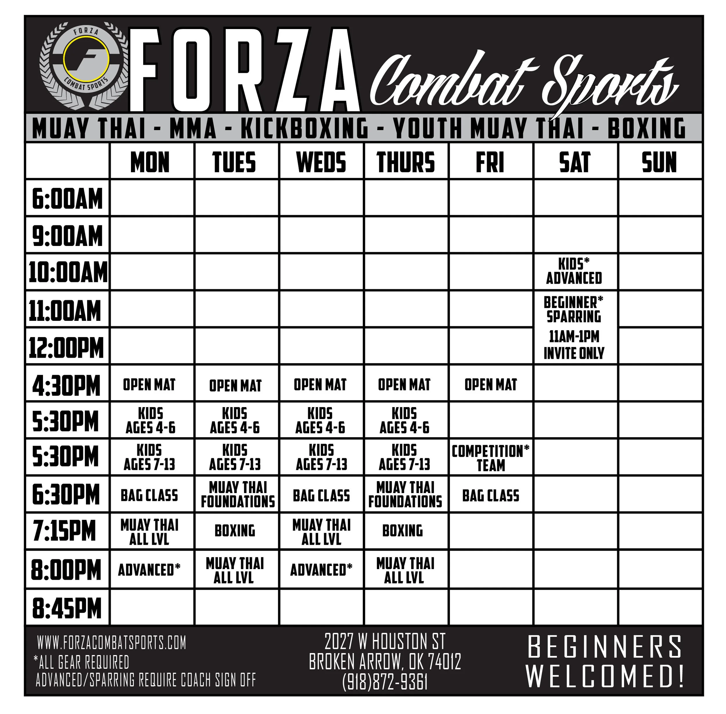Schedule — Forza Combat Sports