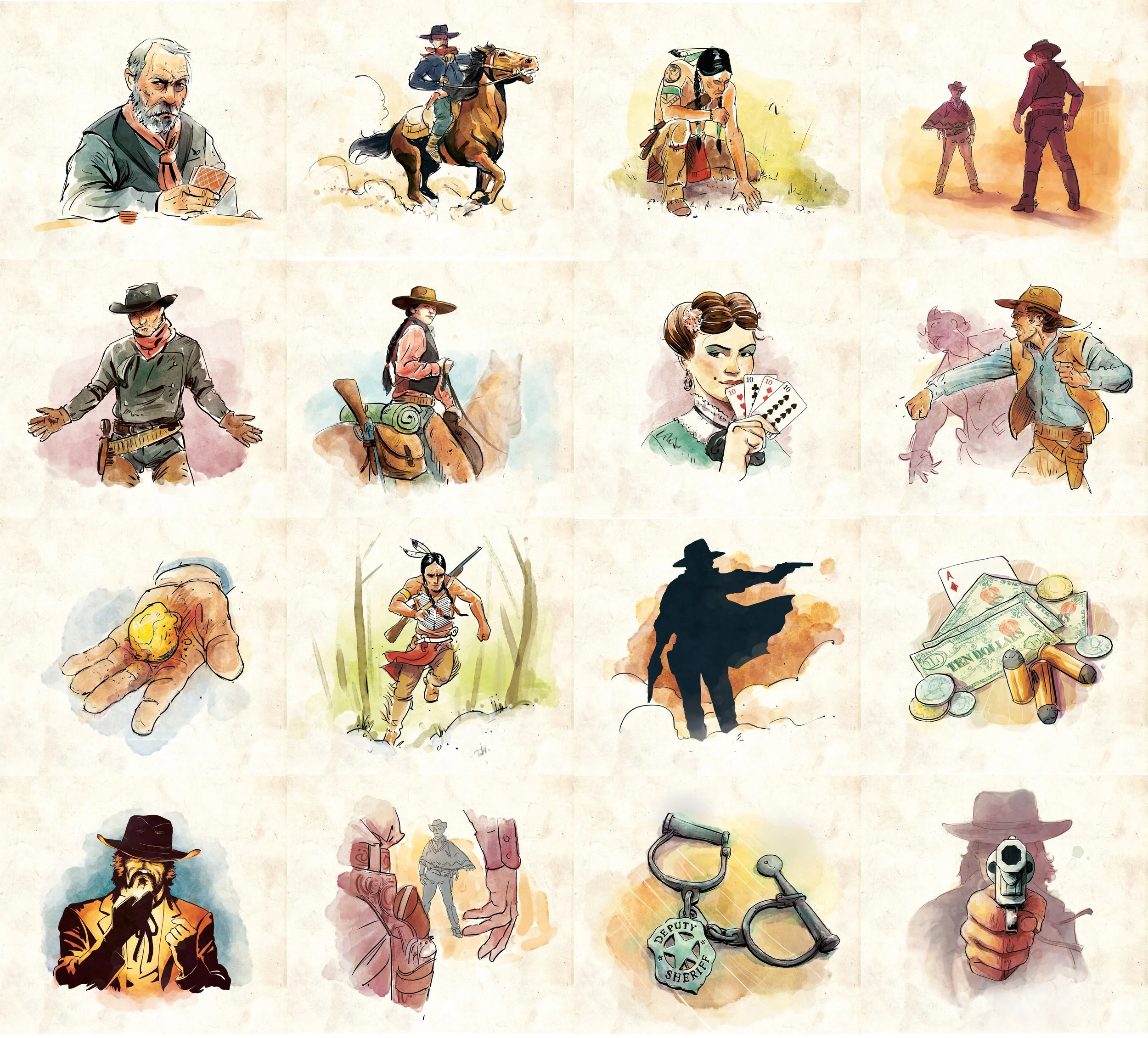 Wild West board game illustrated in an ink and watercolour style ...
