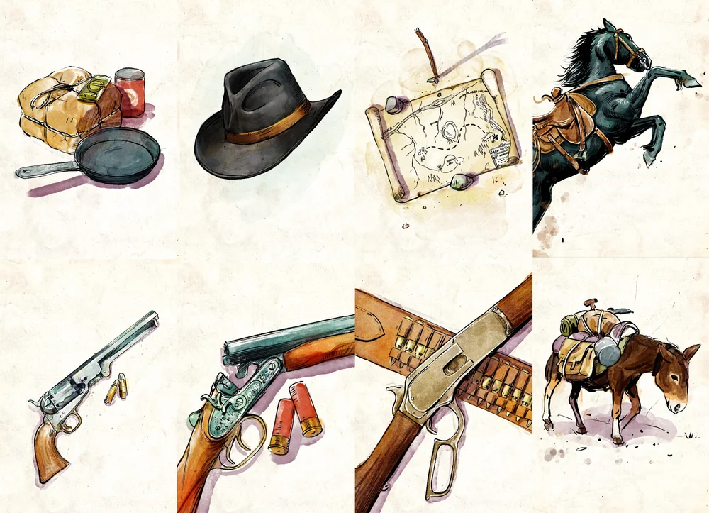 Wild West board game illustrated in an ink and watercolour style ...
