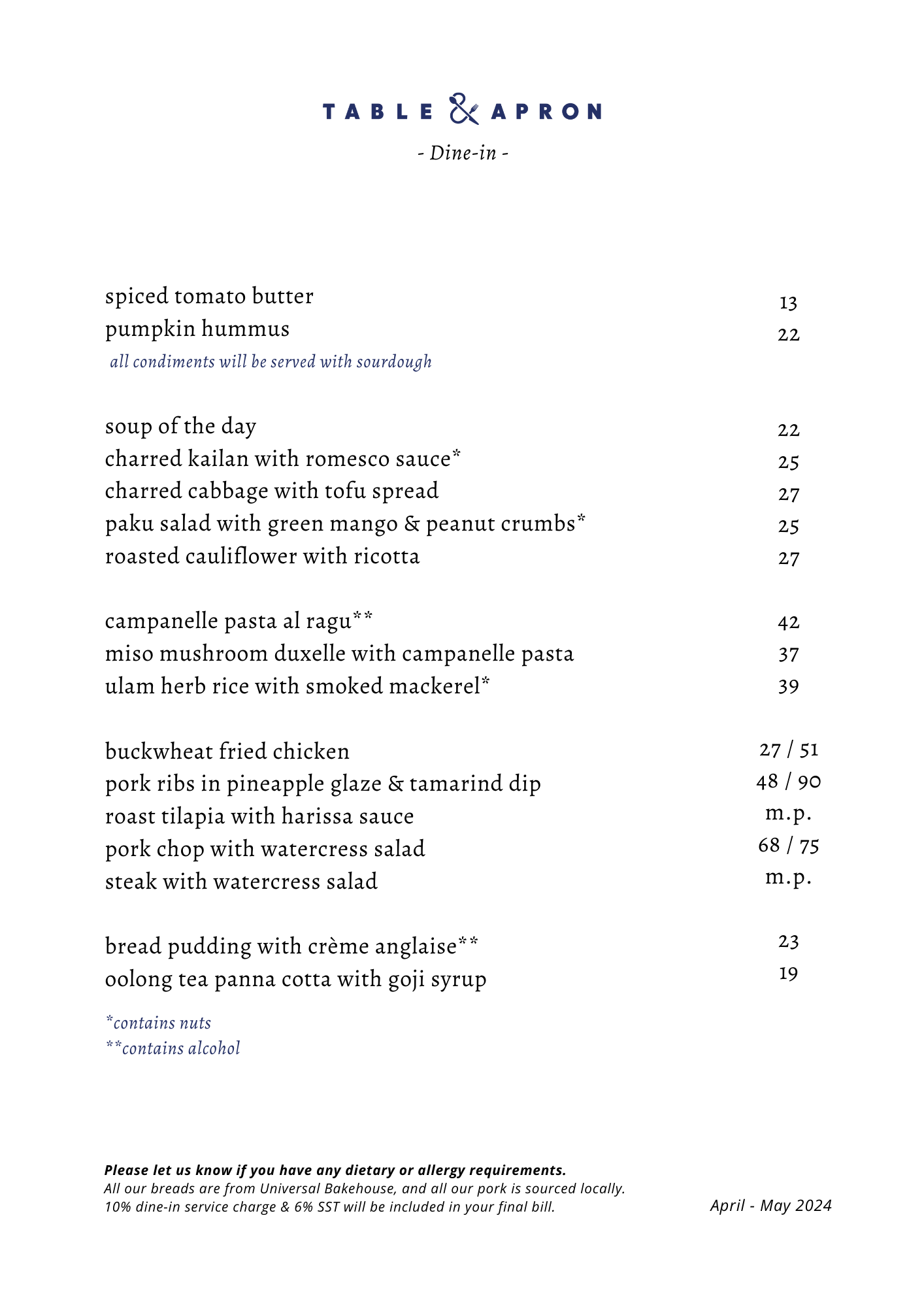 Menu — Table & Apron