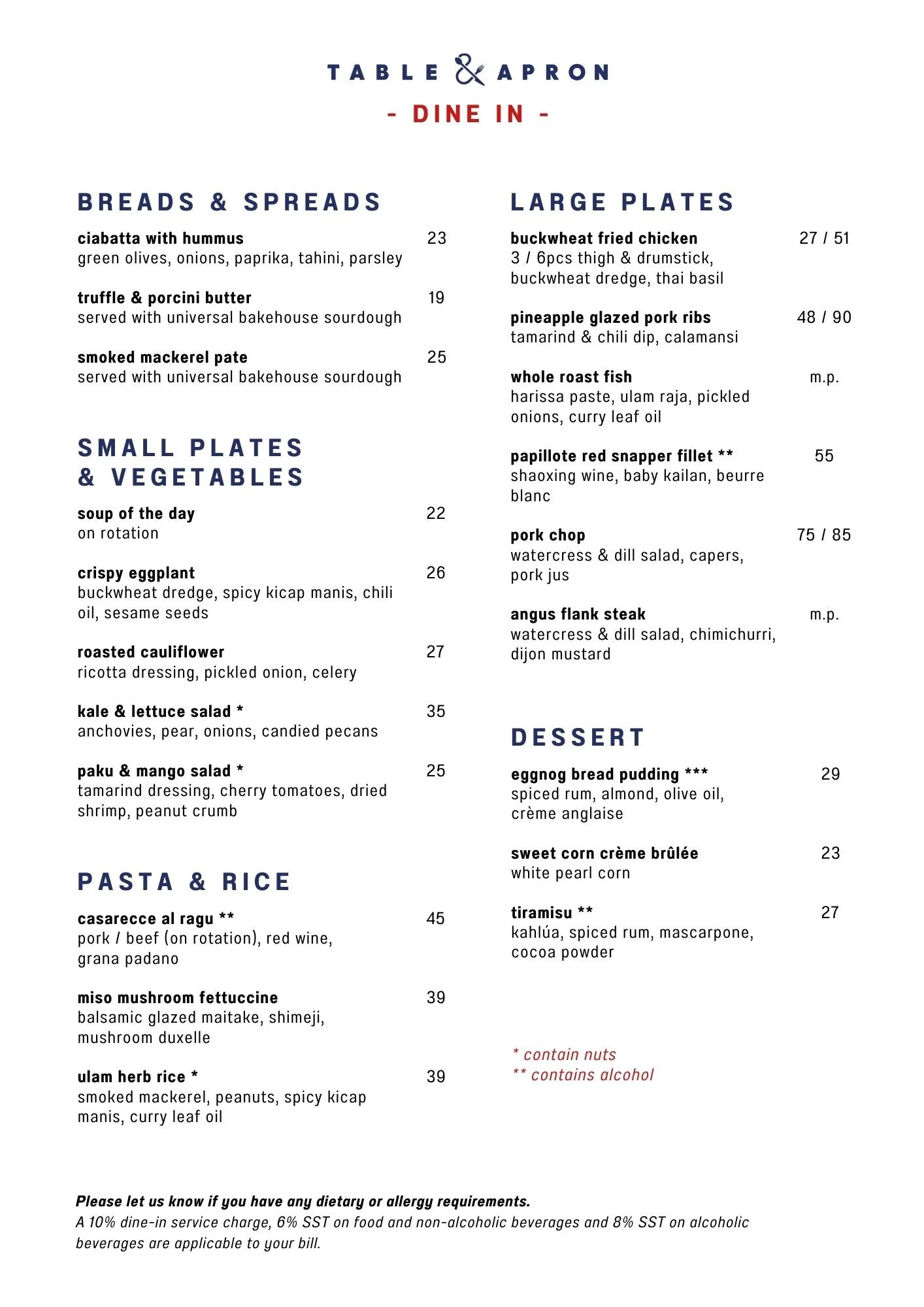 Menu — Table & Apron