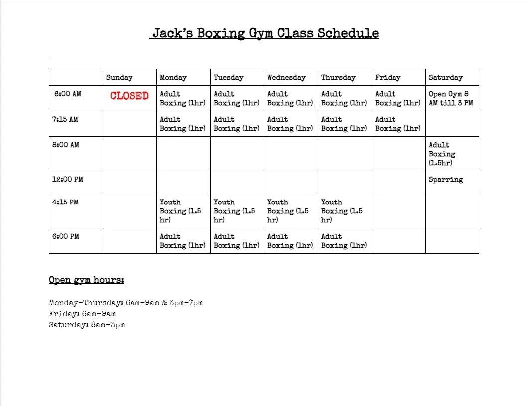 Class Schedule — Jacks Boxing Gym