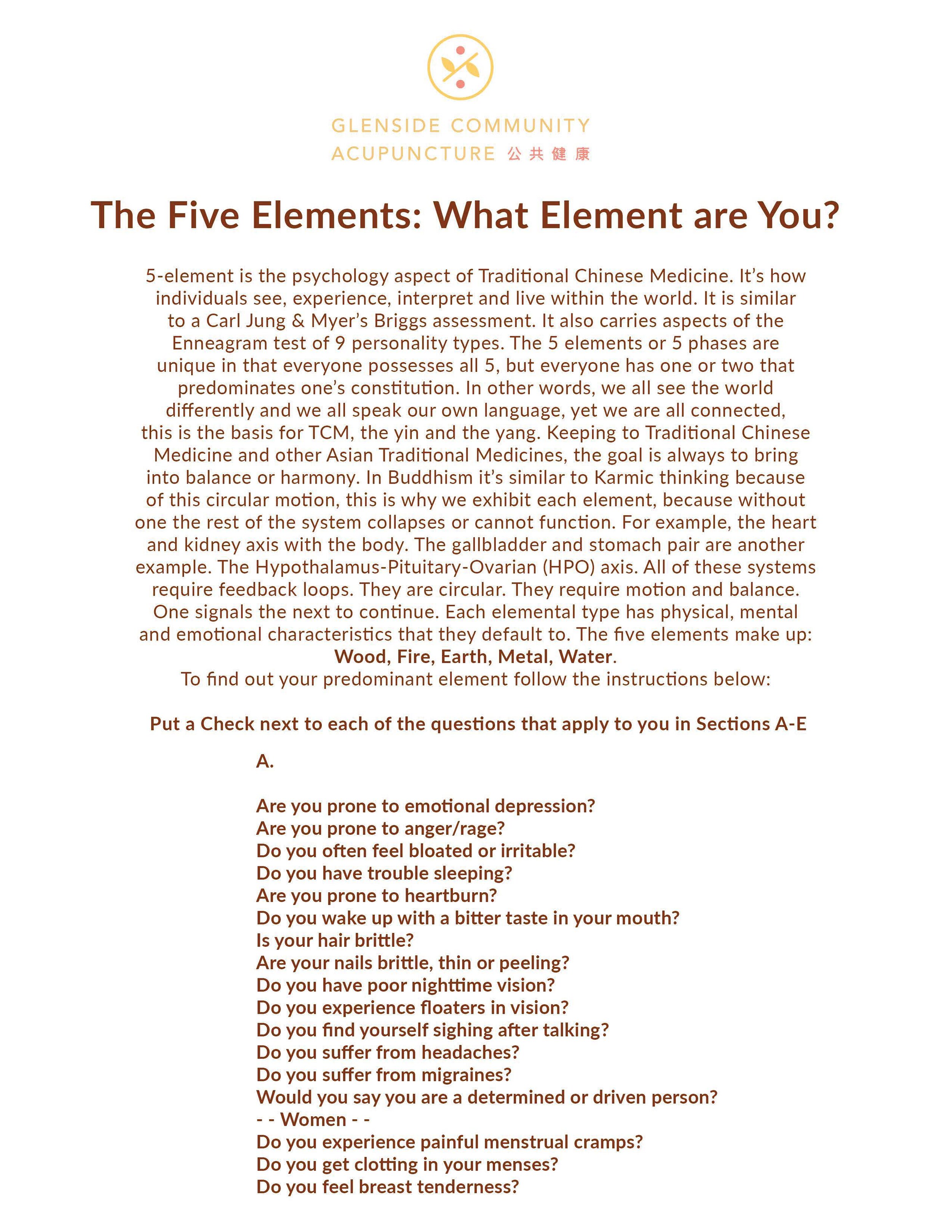 Five Element Quiz Glenside Community Acupuncture Five Element Quiz Glenside Community Acupuncture