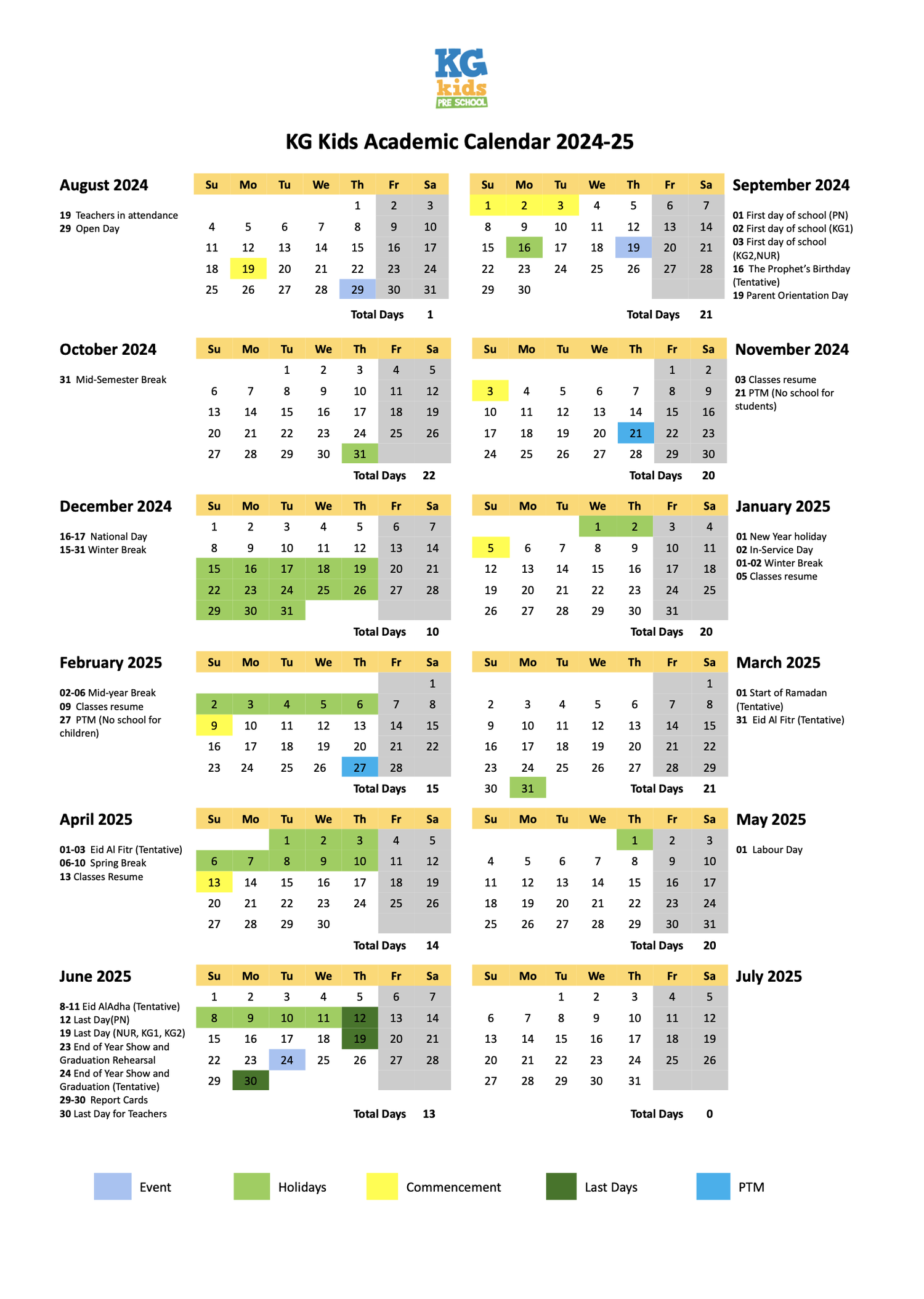 Calendar — KG Kids Pre-School