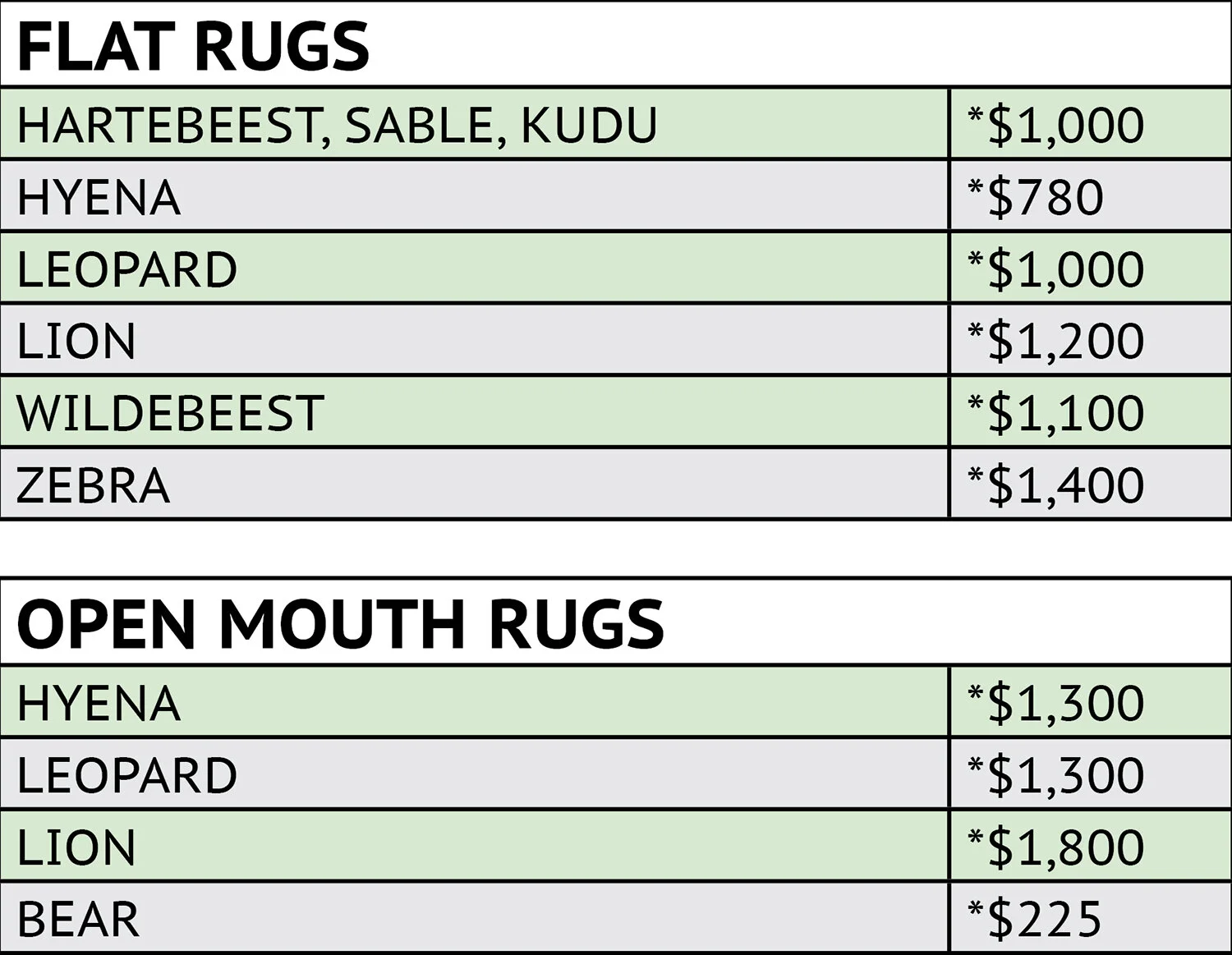 Price List — Backwoods Taxidermy