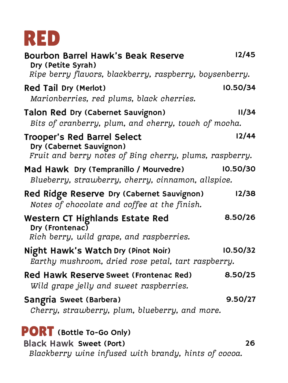Hawk Ridge Wine List — Hawk Ridge Winery
