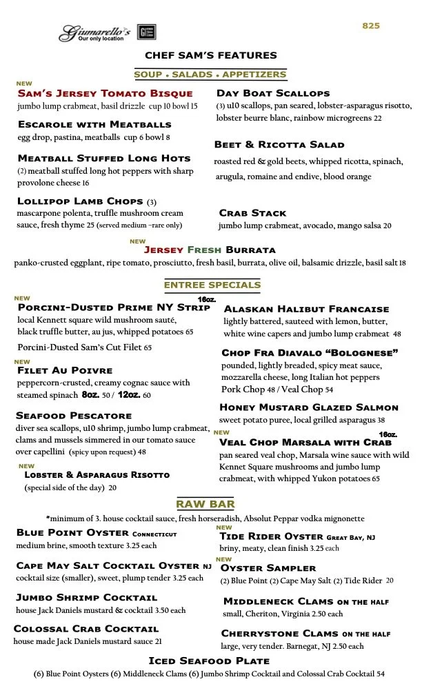 Food Menu | Steaks, Seafood & Northern Italian | Giumarello's Haddon ...