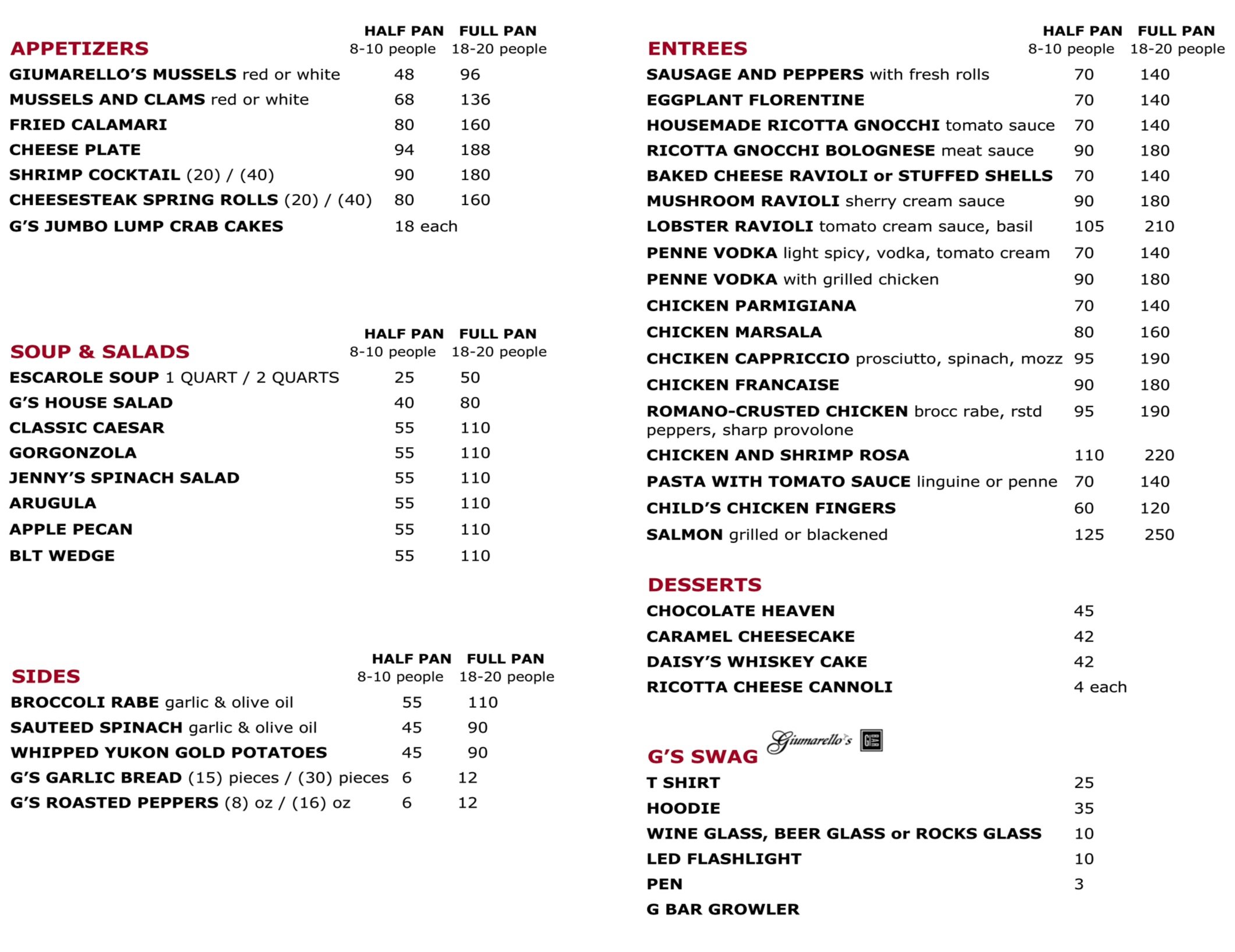 Catering Menu — Giumarello's Restaurant & G Bar - A South Jersey Favorite