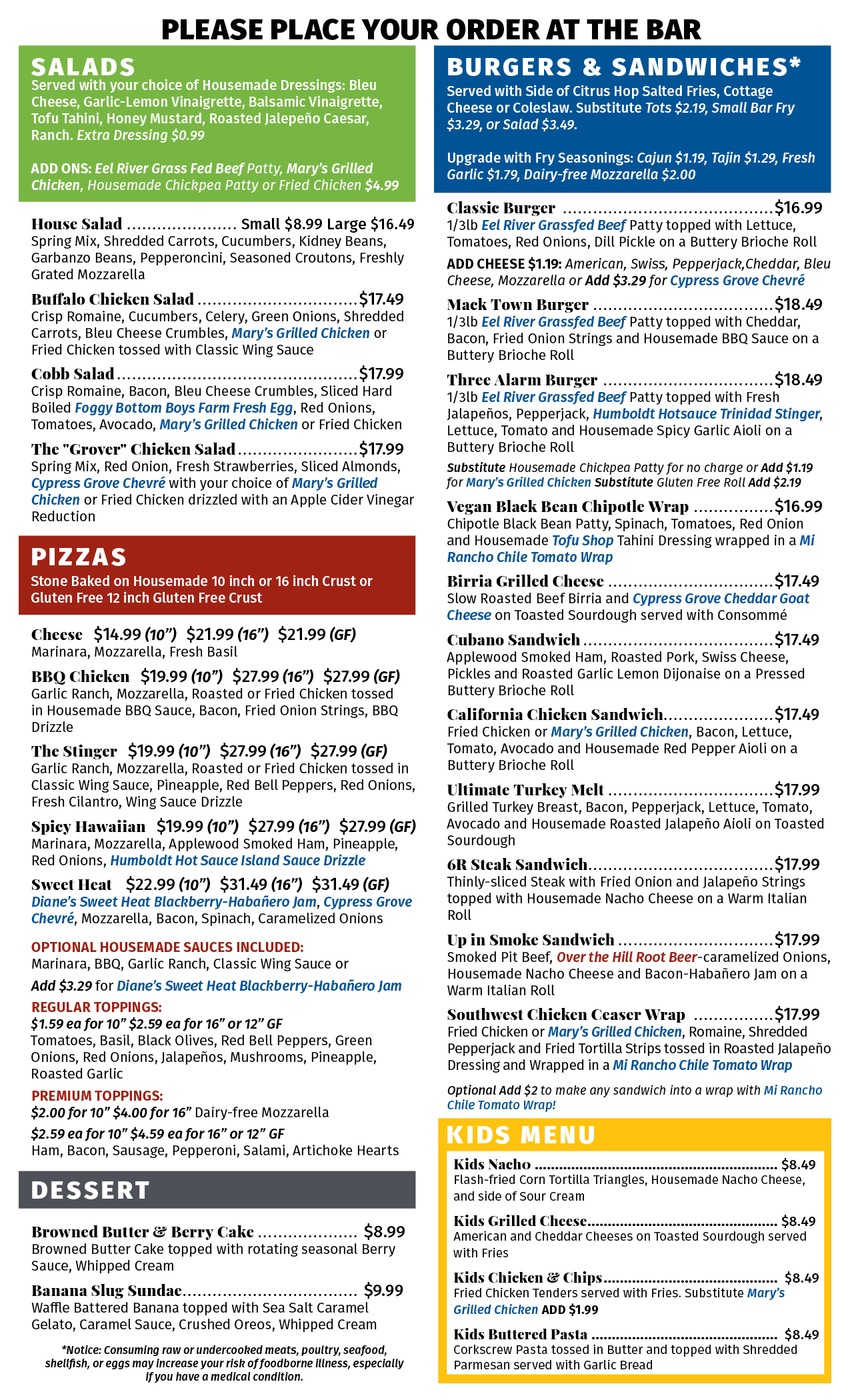 Six Rivers Brewery Dine in or Take Out Menu — Six Rivers Brewery