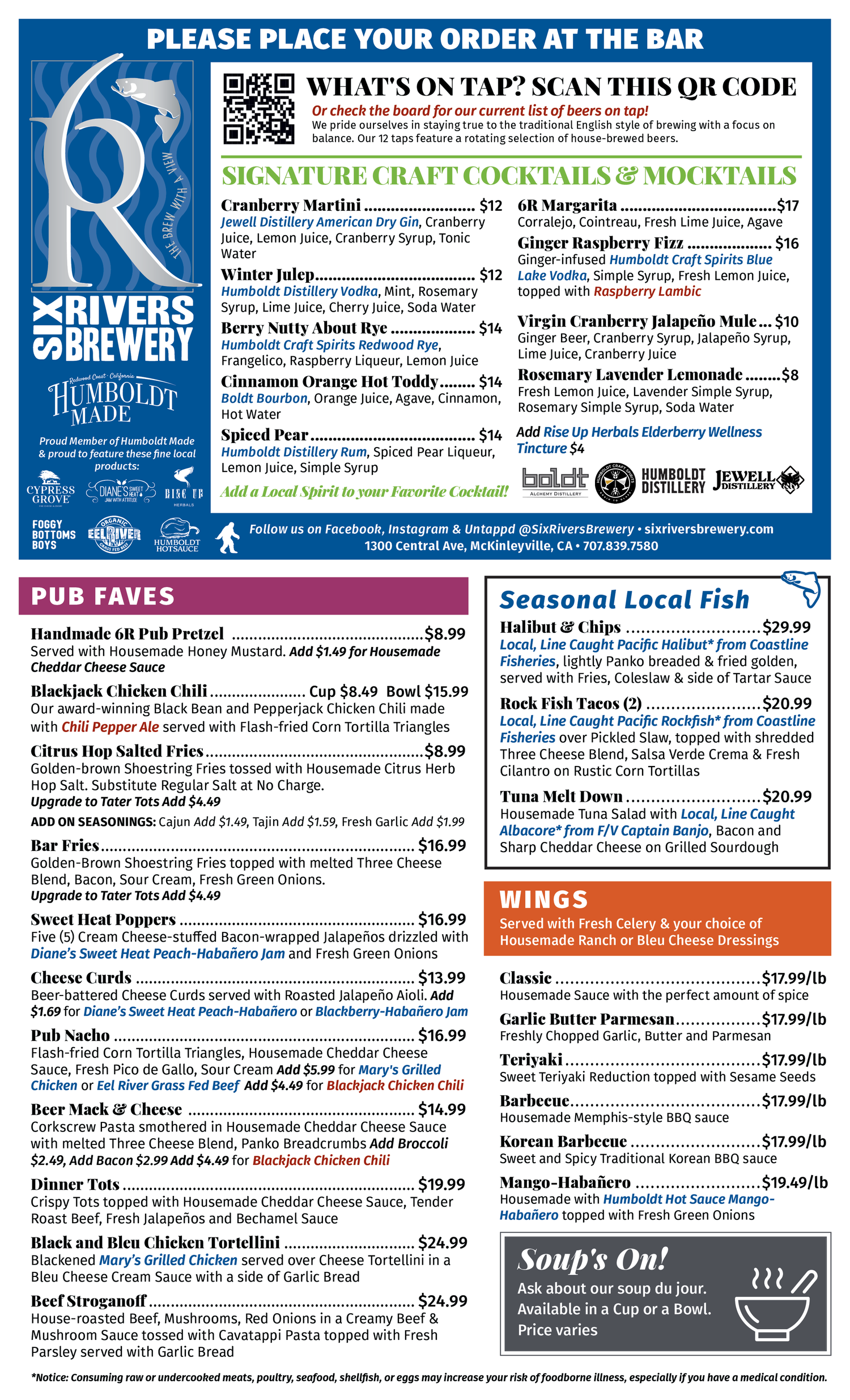Six Rivers Brewery Dine in or Take Out Menu — Six Rivers Brewery