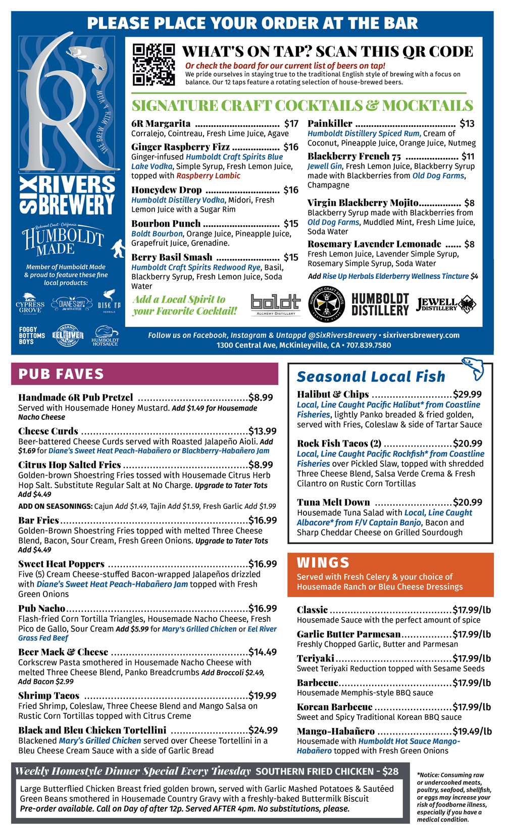 Six Rivers Brewery Dine in or Take Out Menu — Six Rivers Brewery