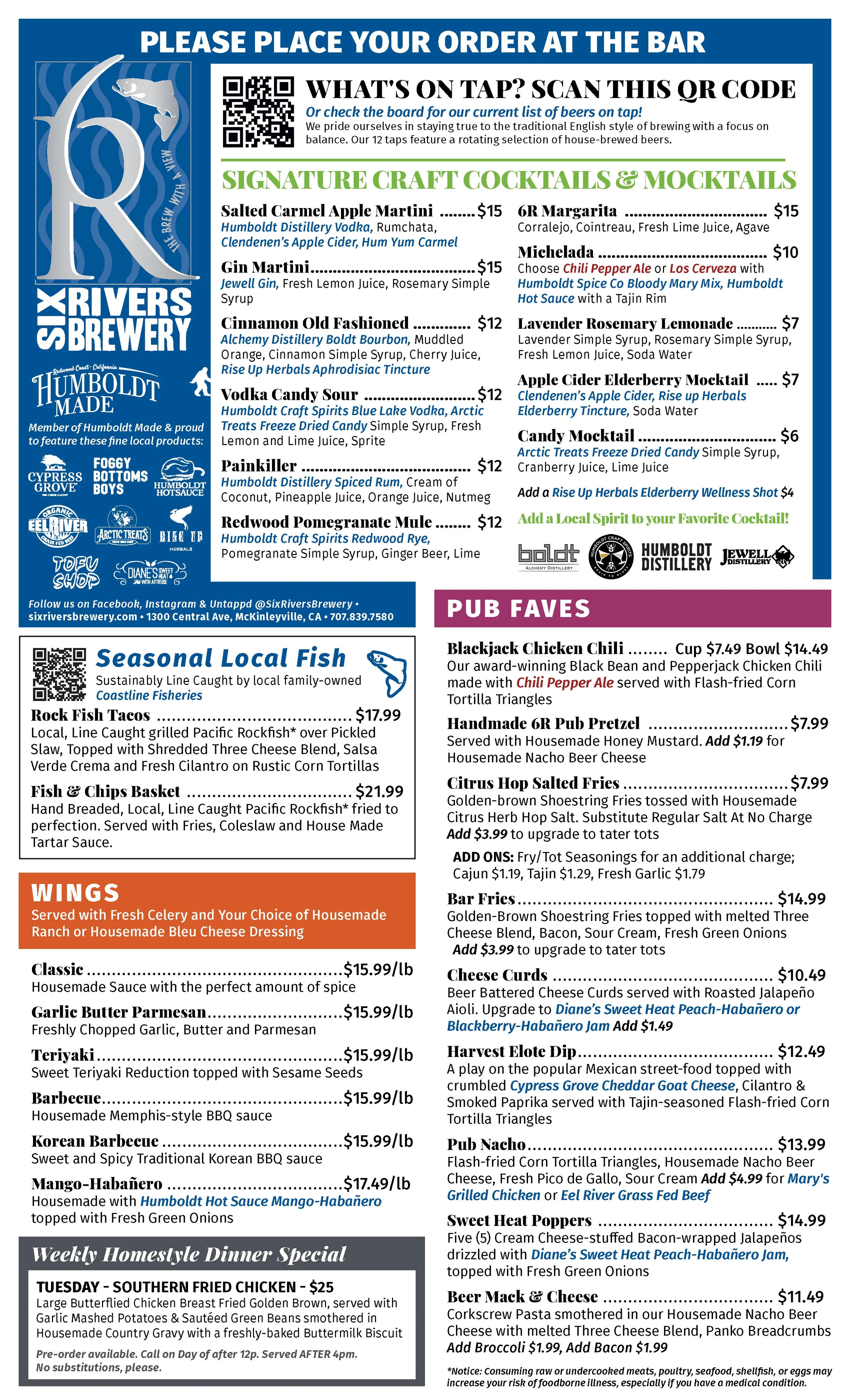 Six Rivers Brewery Dine in or Take Out Menu — Six Rivers Brewery