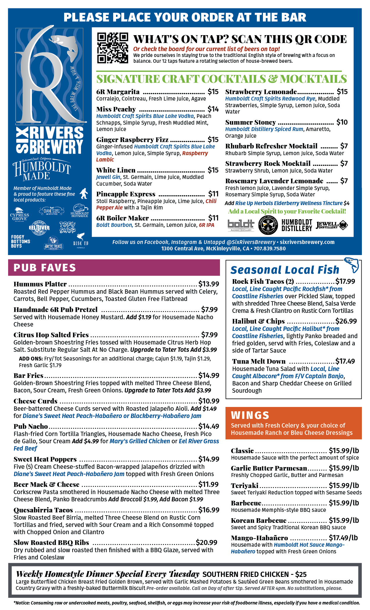 Six Rivers Brewery Dine in or Take Out Menu — Six Rivers Brewery