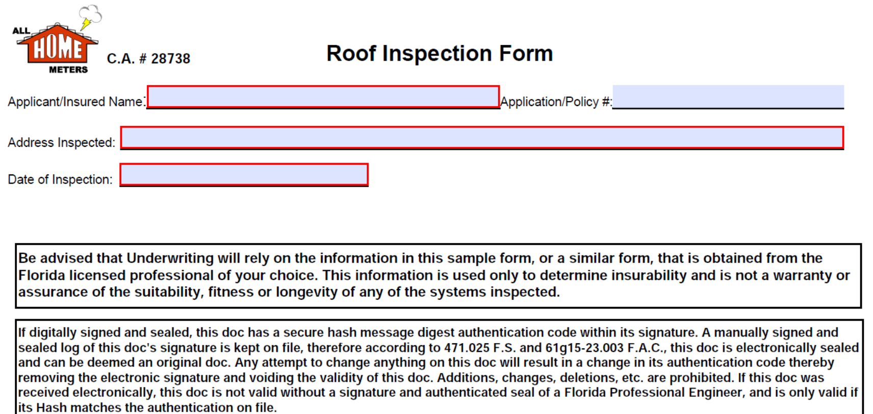 Roof Certification Form Template