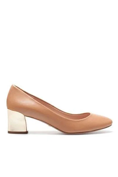 Uterque Metallic Block Heel Pumps in Beige Leather — UFO No More