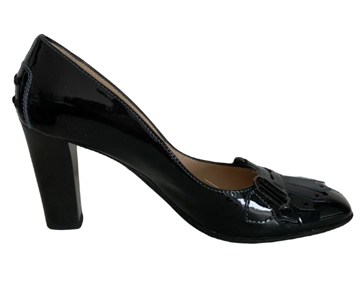 Tod's Fringed Block Heel Pumps in Black Patent — UFO No More