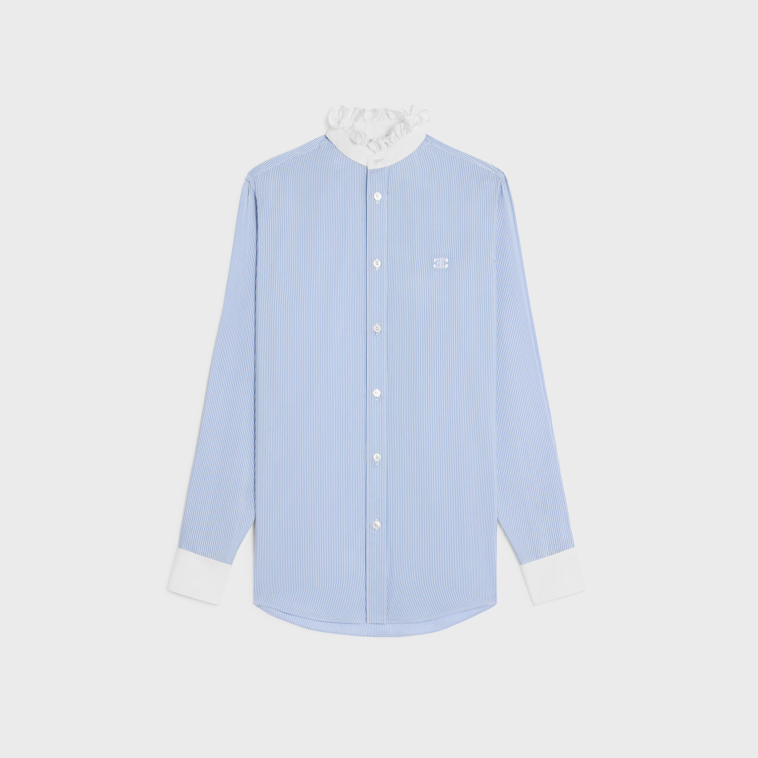 Celine Romy Frilled Shirt in Bleu/Craie Striped Silk — UFO No More