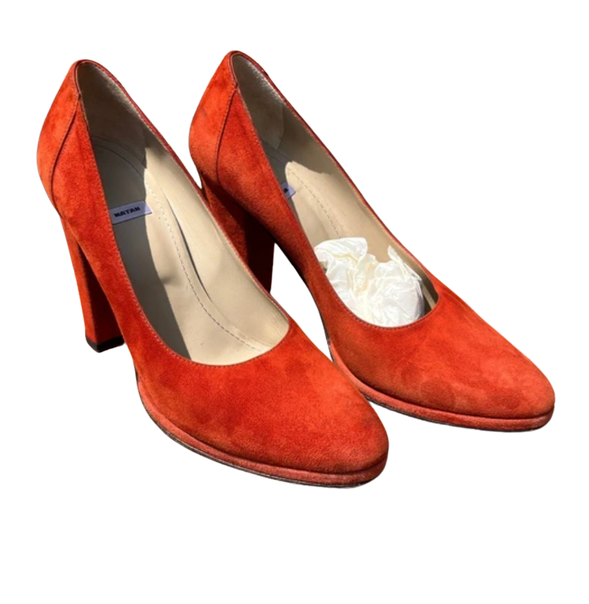 Natan Suede Block Heel Pumps in Orange — UFO No More