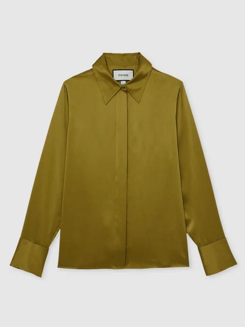 Reiss Ameira Silk-Satin Concealed-Placket Shirt in Light Green — UFO No ...