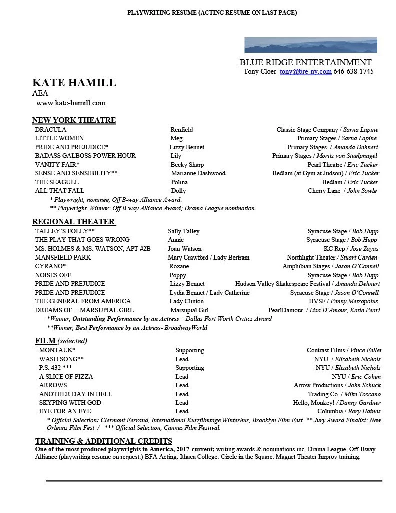 RESUME — KATE HAMILL: Actor / Playwright