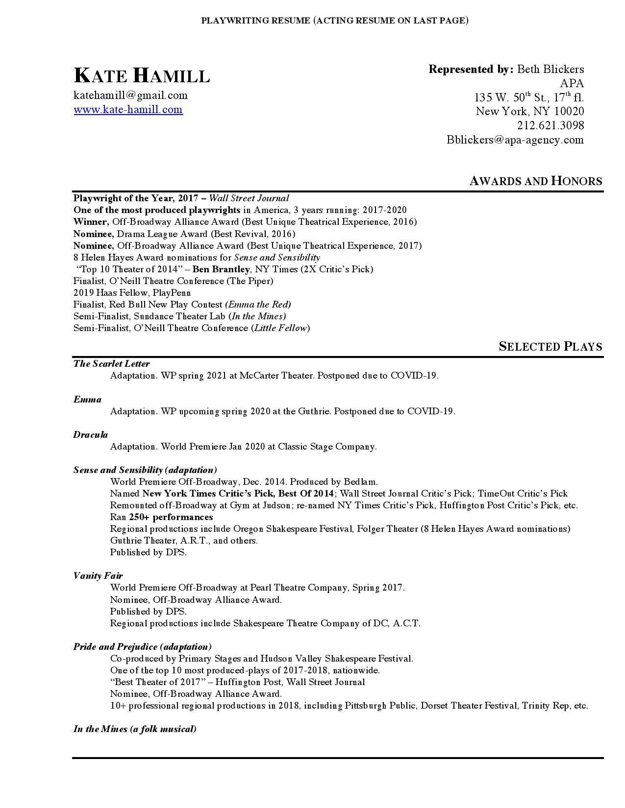 RESUME — KATE HAMILL: Actor / Playwright