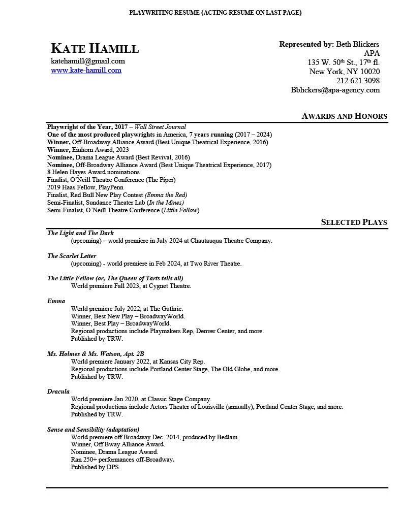 RESUME — KATE HAMILL: Actor / Playwright