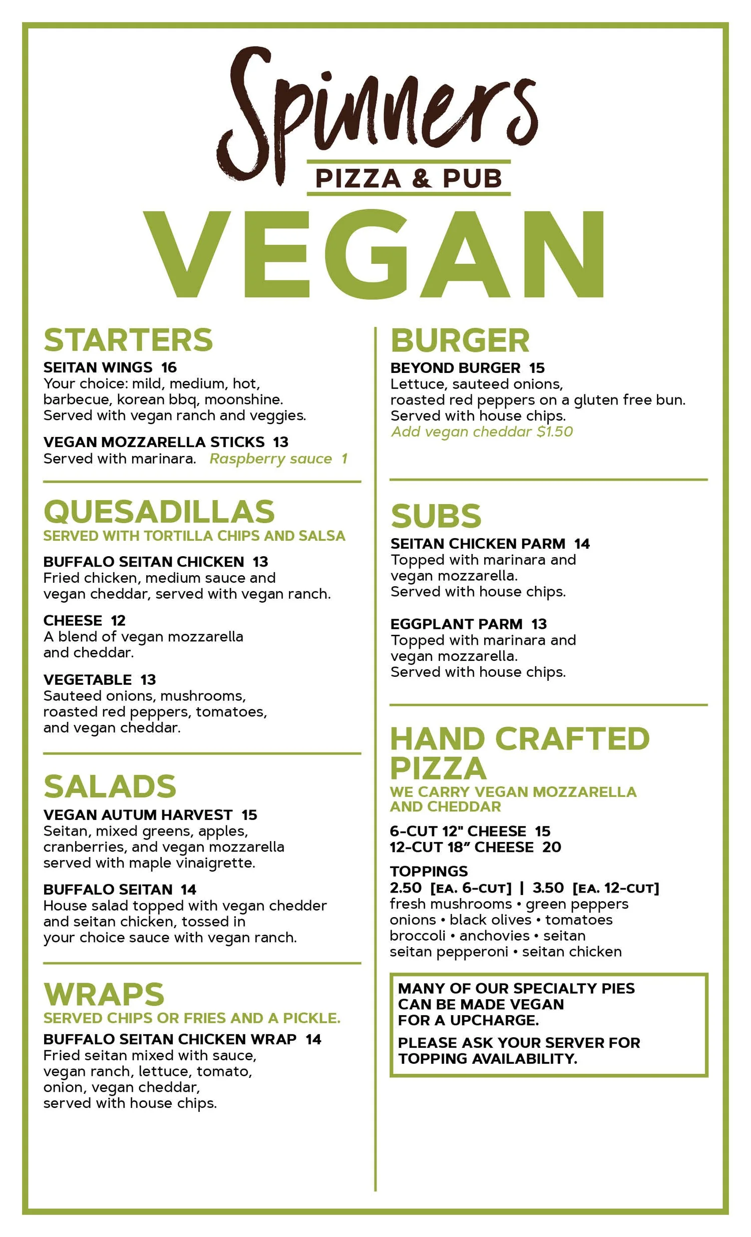 Vegan Menu — Spinners