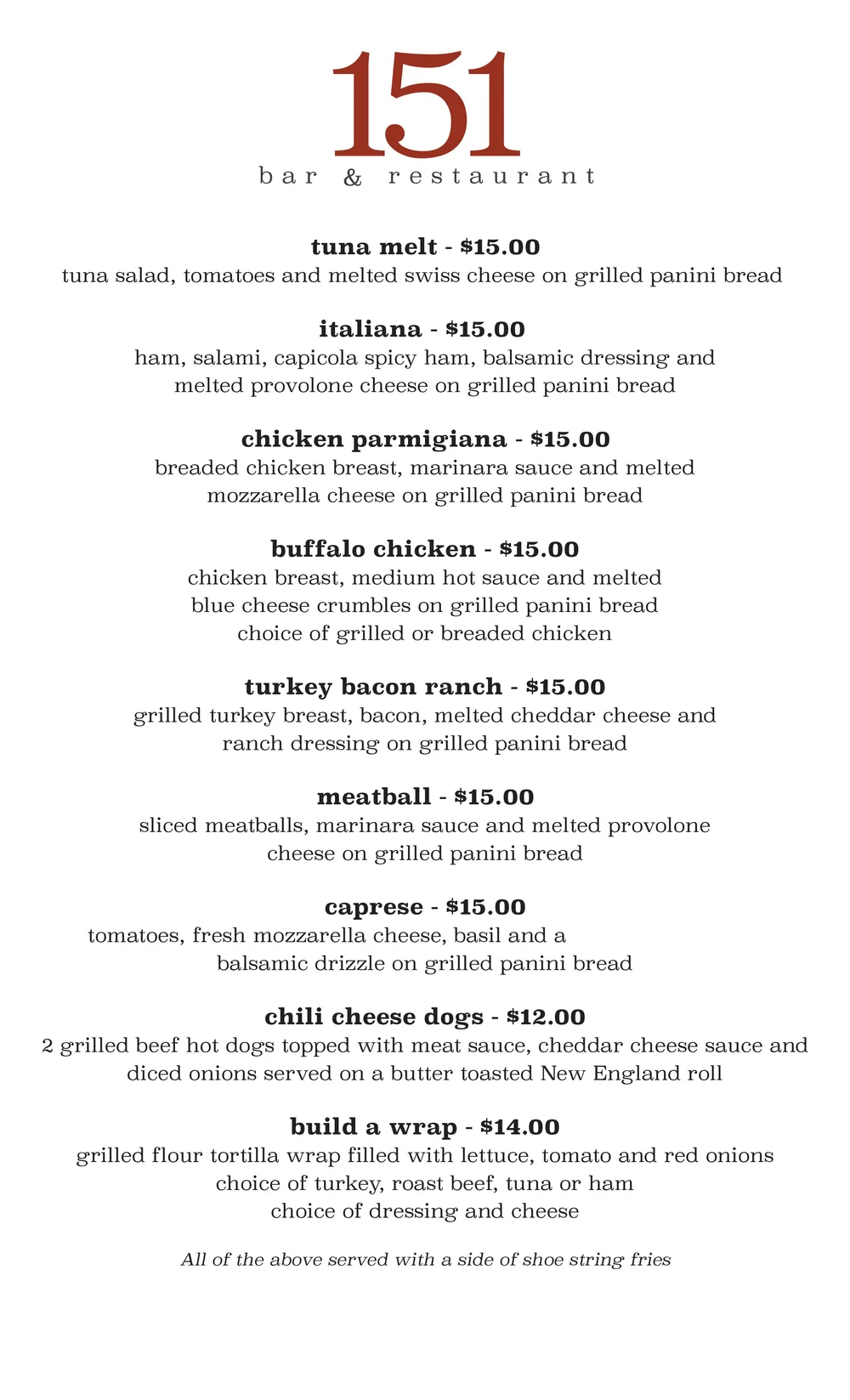 Menu — 151 Bar & Restaurant