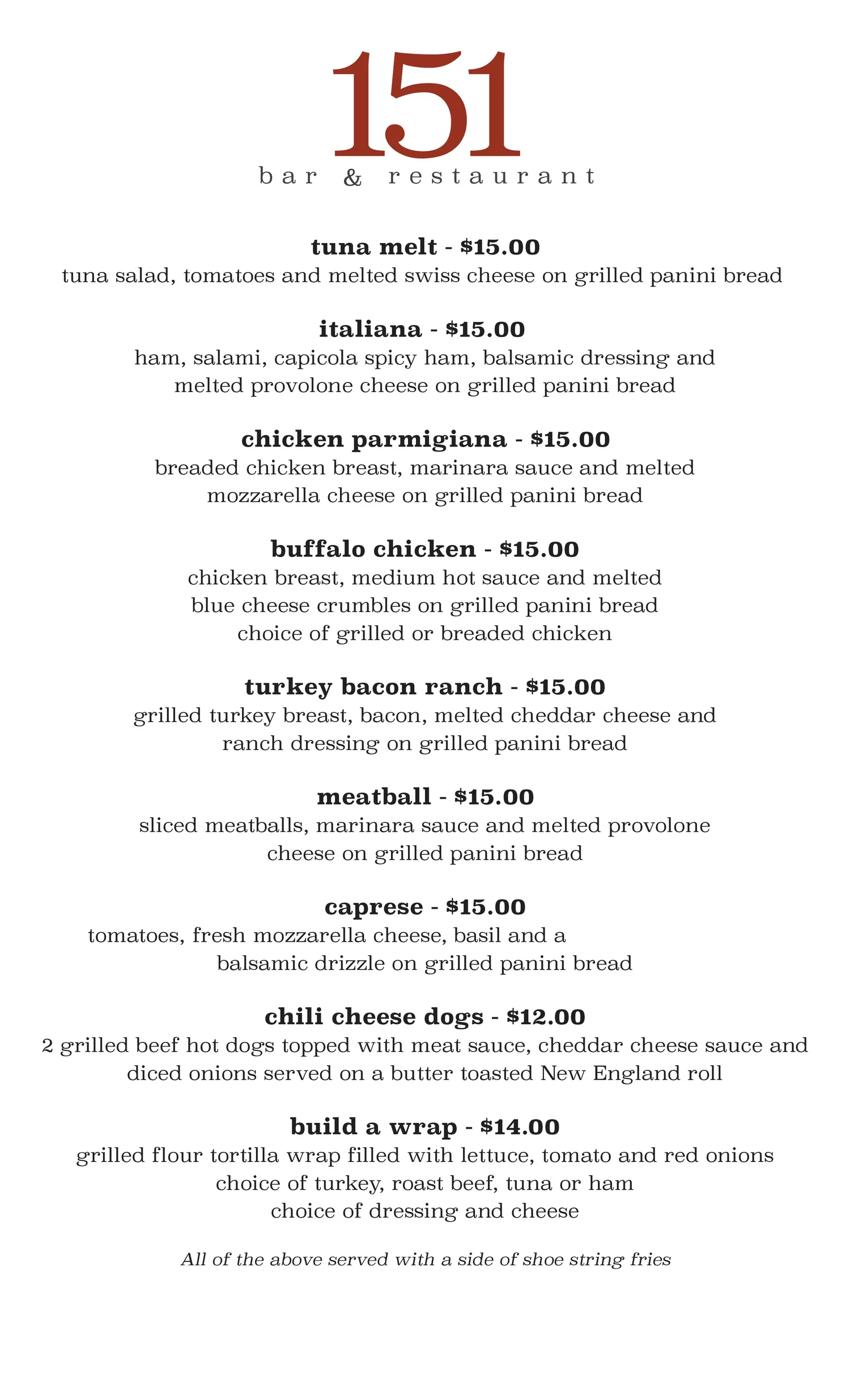 Menu — 151 Bar & Restaurant