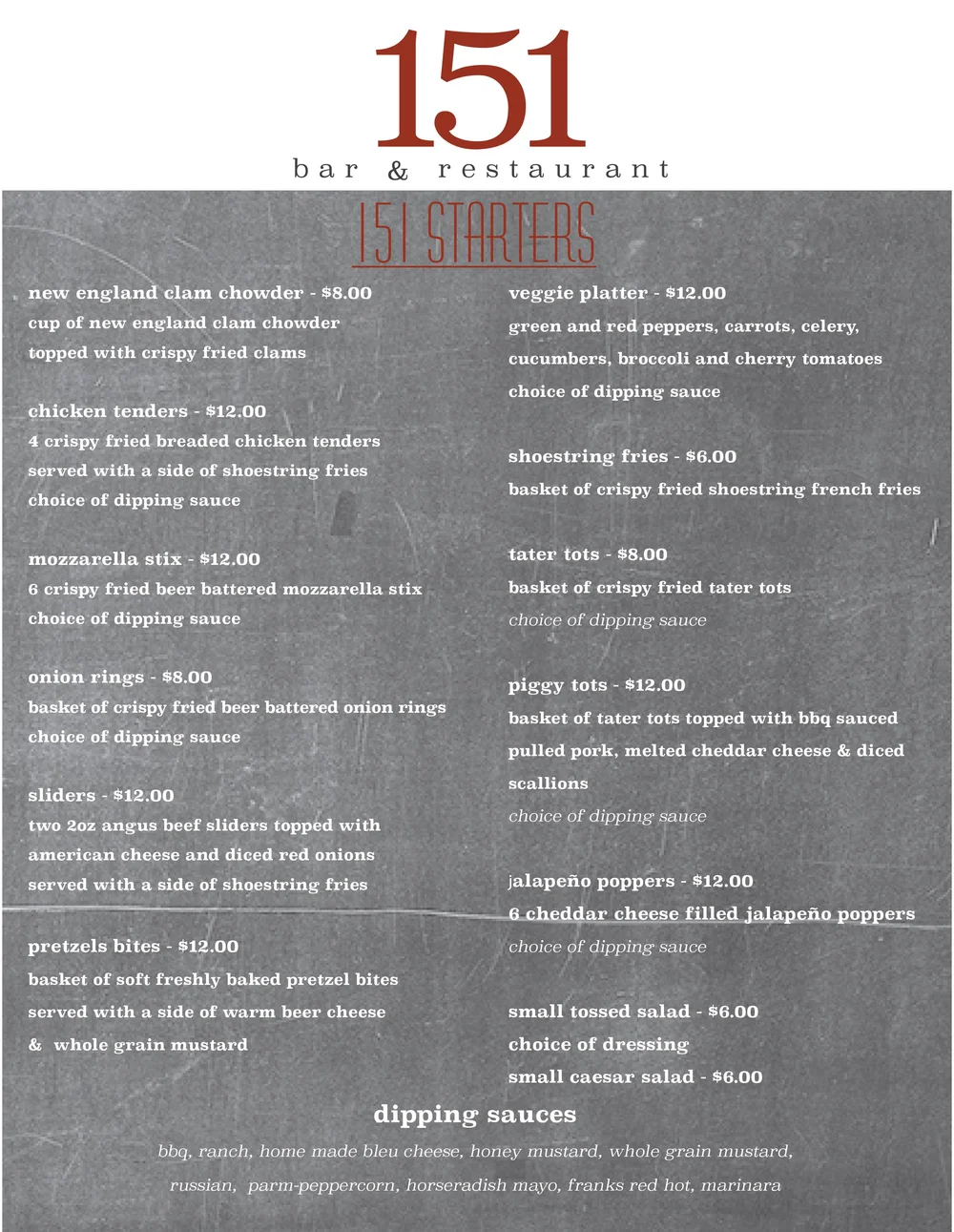 Menu — 151 Bar & Restaurant