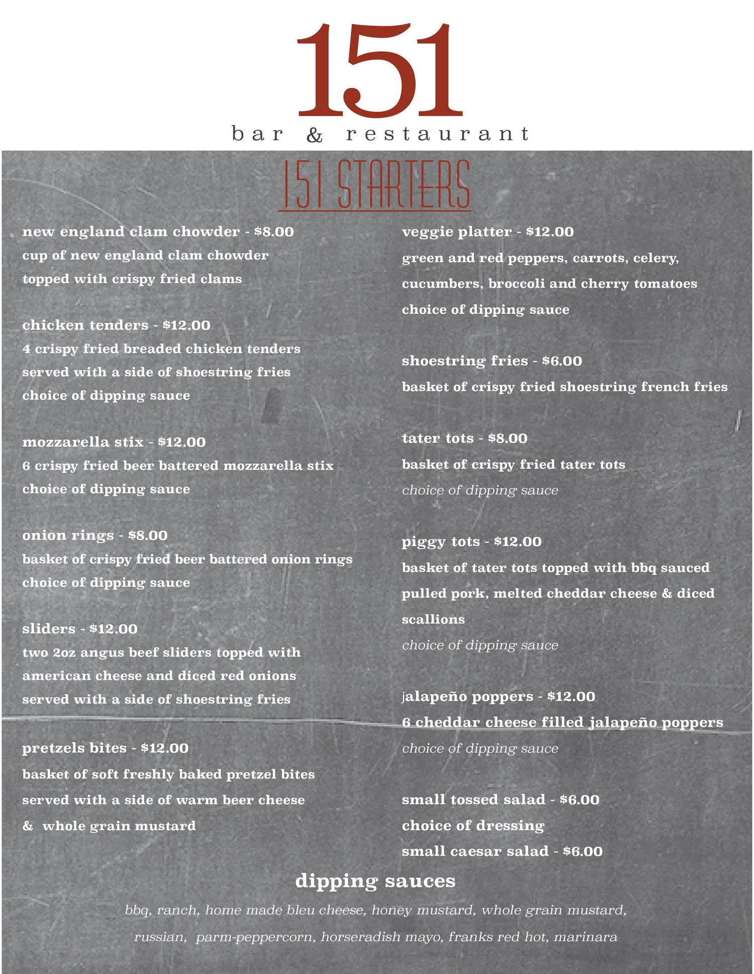 Menu — 151 Bar & Restaurant