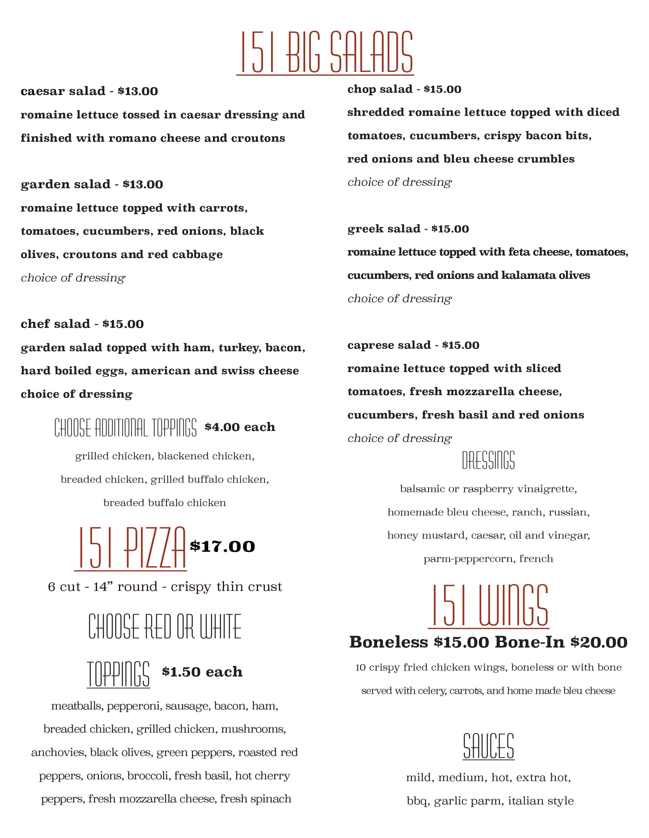 Menu — 151 Bar & Restaurant