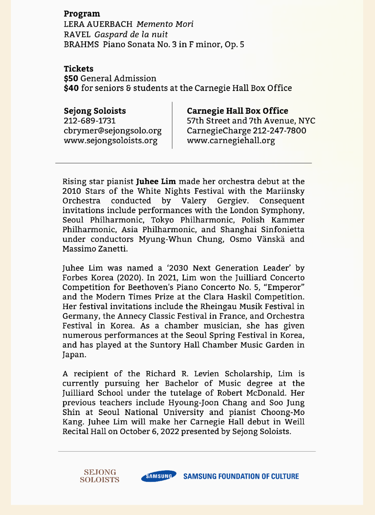 Juhee Lim, Piano “Nacht und Träume” — Korean Cultural Center New York