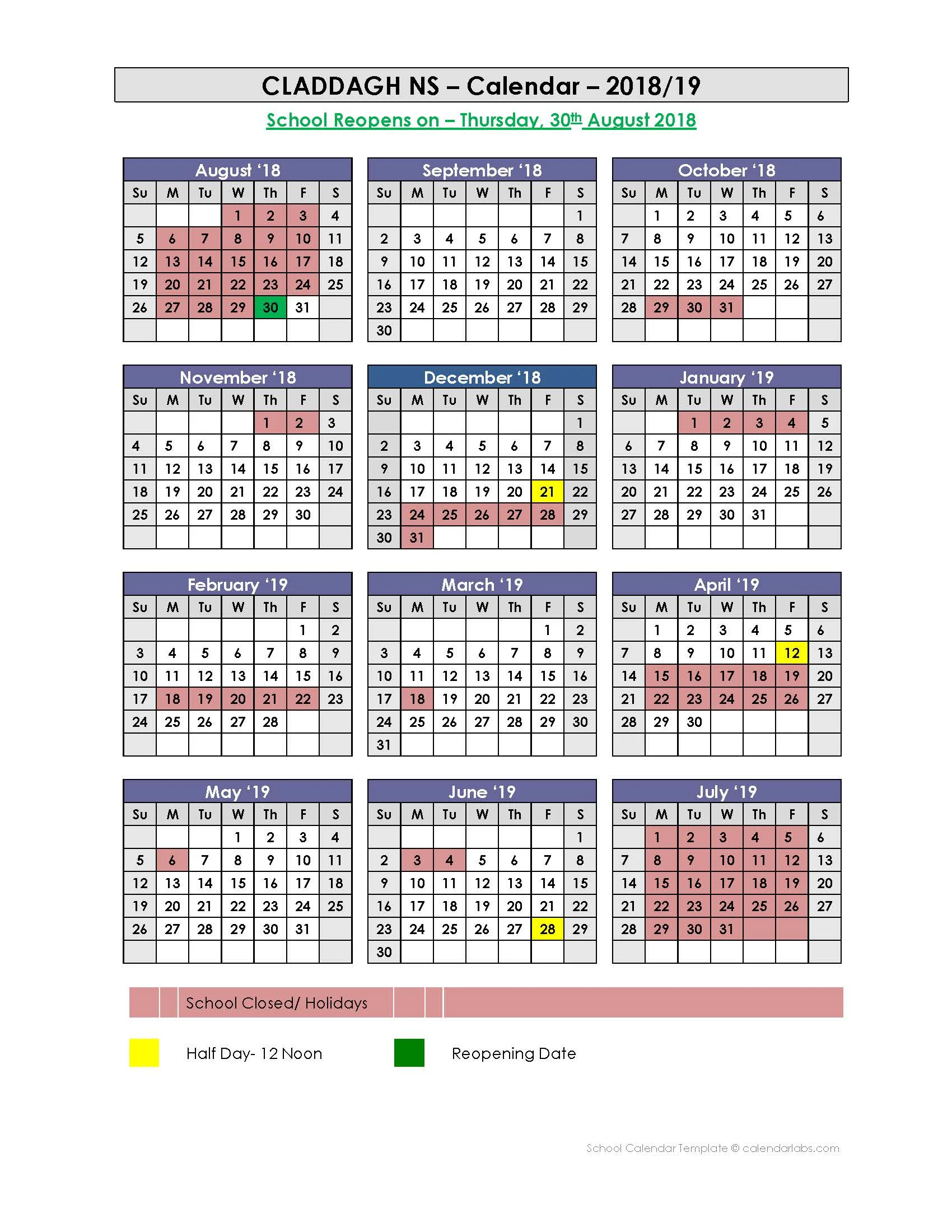 School Calendar 2018-2019 — Claddagh National School Galway